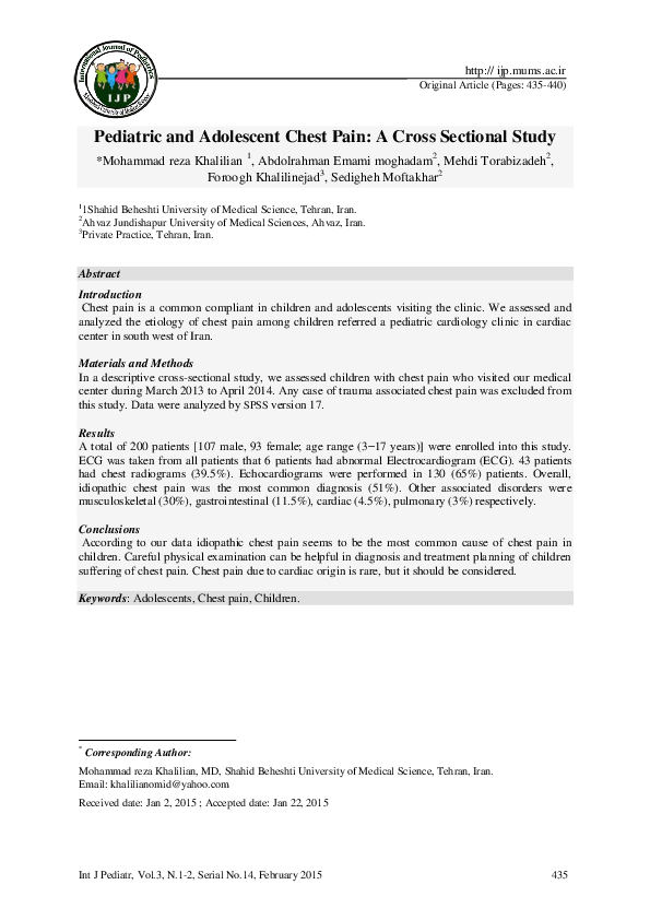 (PDF) Pediatric and Adolescent Chest Pain: A Cross Sectional Study