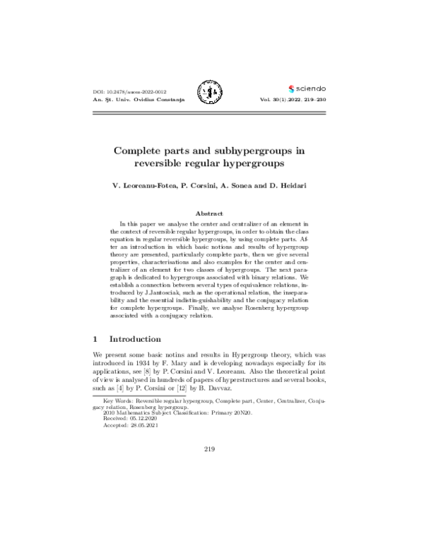 (PDF) Complete parts and subhypergroups in reversible regular hypergroups