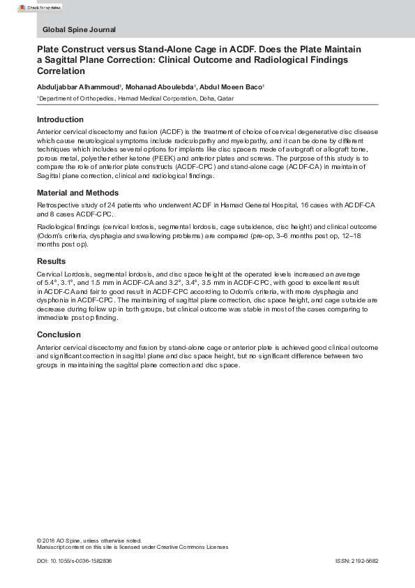 (PDF) Plate Construct versus Stand-Alone Cage in ACDF. Does the Plate ...