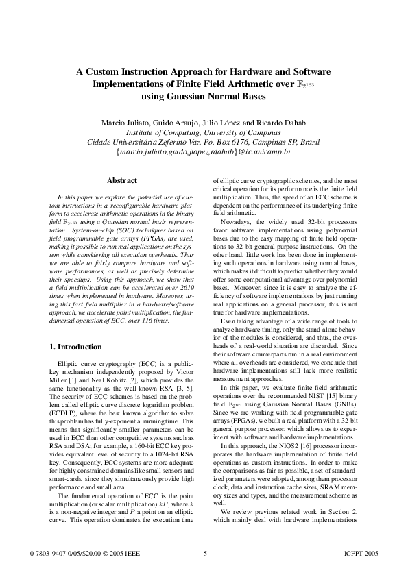 Pdf A Custom Instruction Approach For Hardware And Software Implementations Of Finite Field