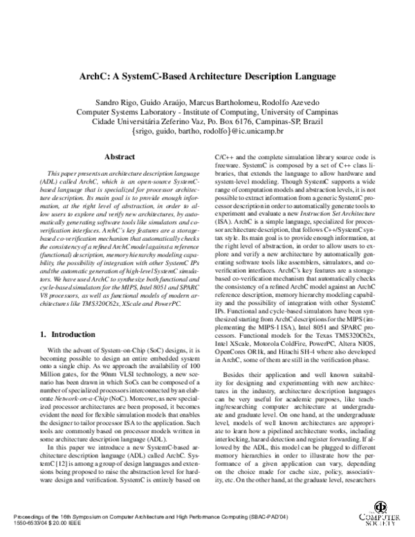 (PDF) ArchC: A SystemC-based architecture description language