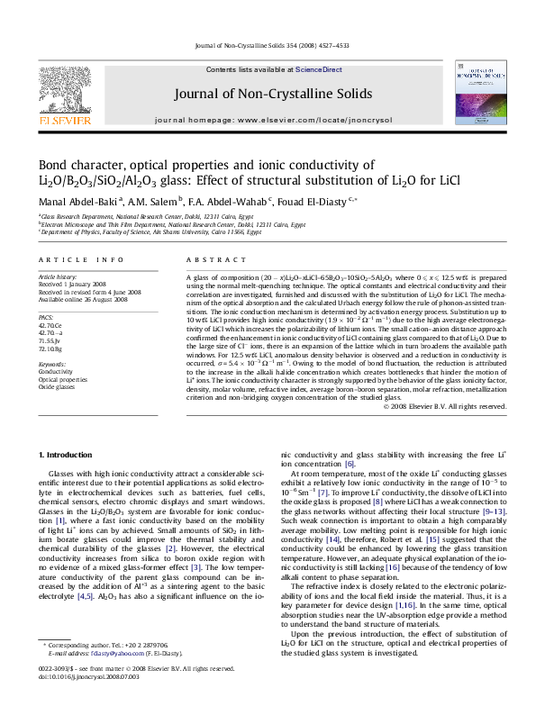 (PDF) Bond character, optical properties and ionic conductivity of Li2O/B2O3/SiO2/Al2O3 glass ...