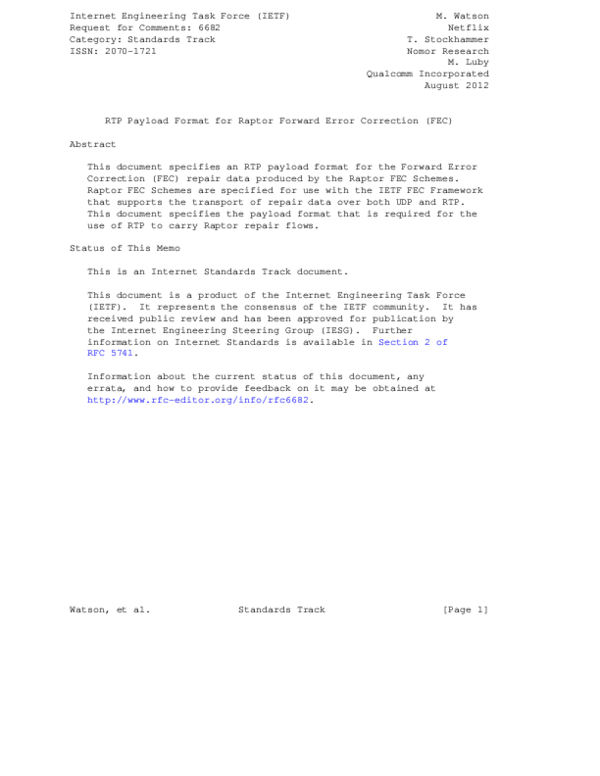Pdf Rtp Payload Format For Raptor Forward Error Correction Fec Thomas Stockhammer