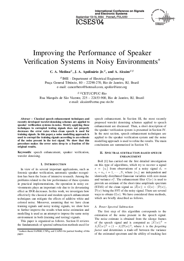 Pdf Improving The Performance Of Speaker Verification Systems In Noisy Environments Apolin