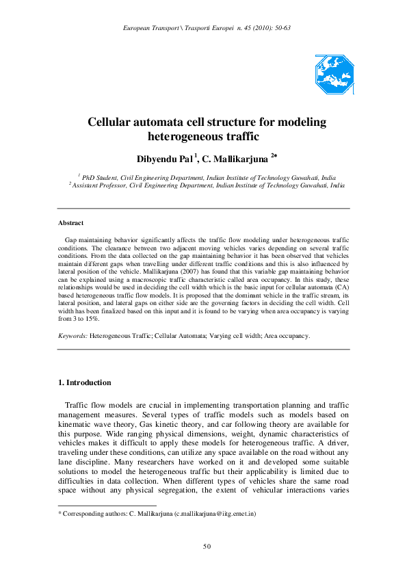 Pdf Cellular Automata Cell Structure For Modeling Heterogeneous Traffic