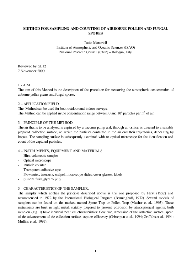 (PDF) Method for Sampling and Counting of Airborne Pollen and Fungal Spores