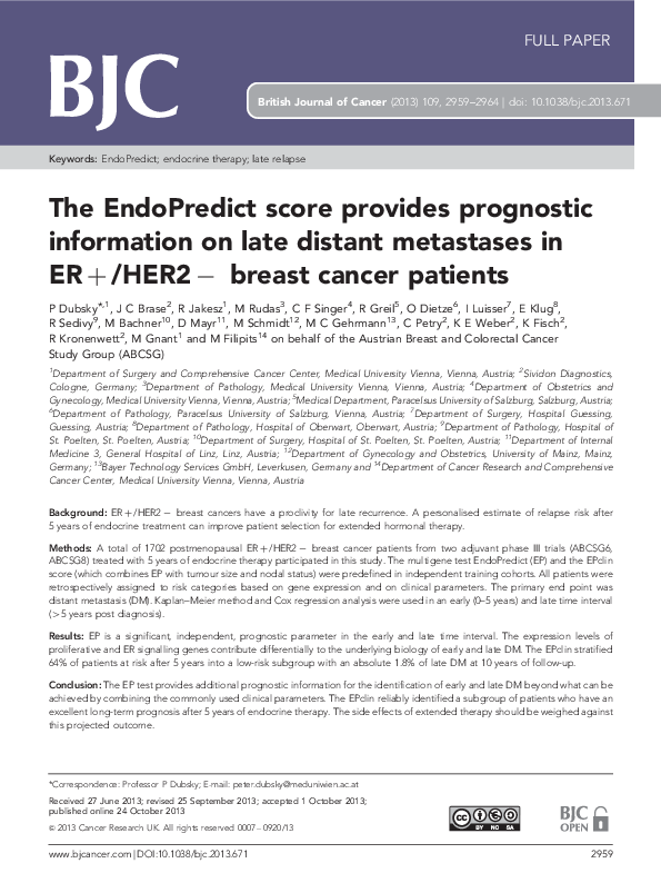 (PDF) The EndoPredict score provides prognostic information on late ...