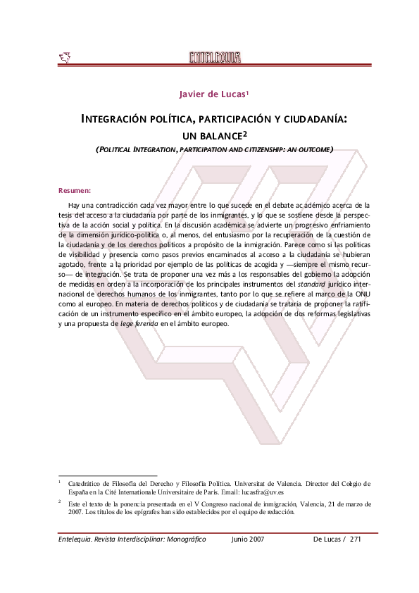 (PDF) Integración política, participación y ciudadanía: un balance