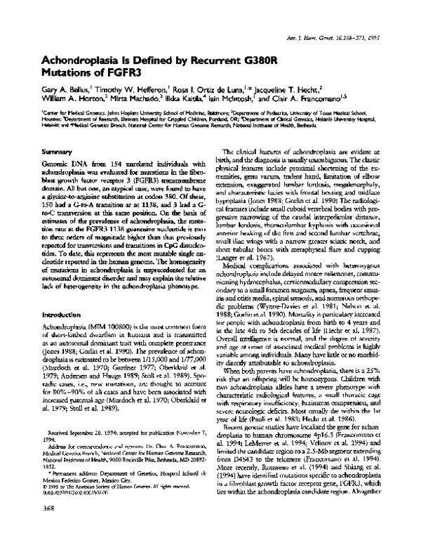 (PDF) Achondroplasia is defined by recurrent G380R mutations of FGFR3