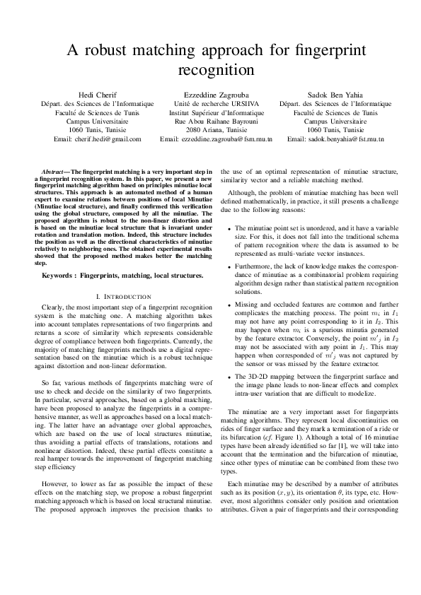 (PDF) A robust matching approach for fingerprint recognition