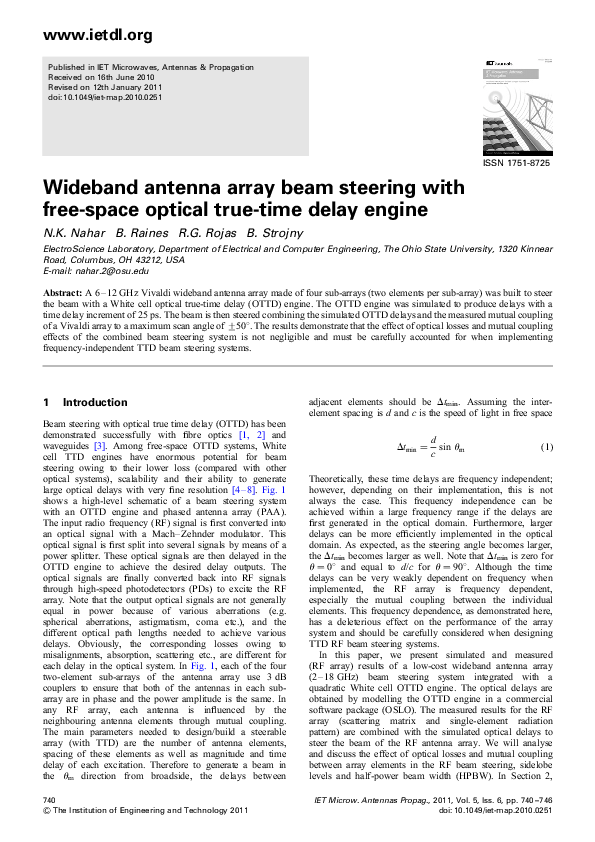 (PDF) Wideband antenna array beam steering with free-space optical true-time delay engine