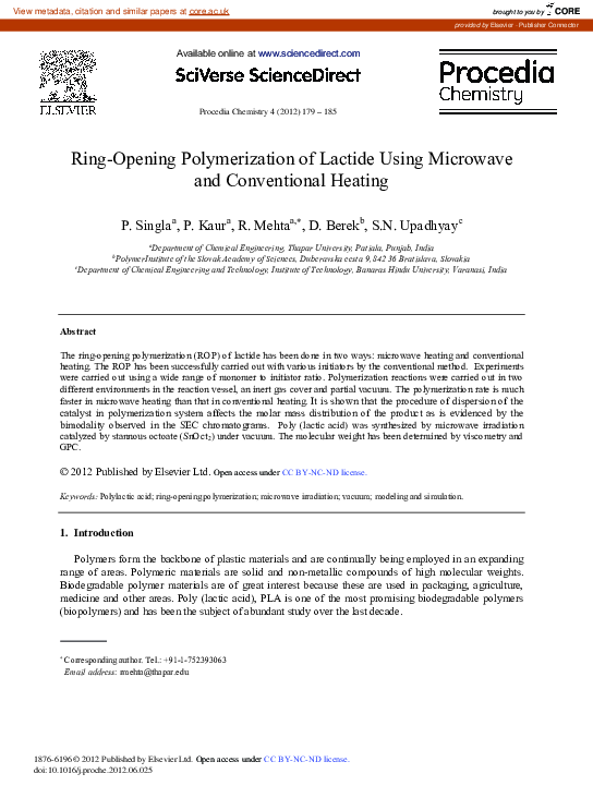 (PDF) Ring-Opening Polymerization of Lactide Using Microwave and Conventional Heating