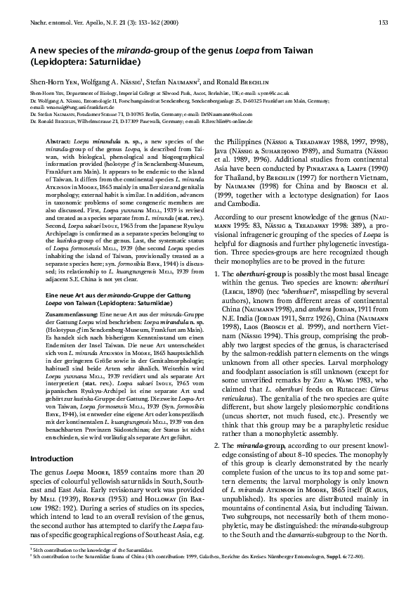 (PDF) A new species of the miranda-group of the genus Loepa from Taiwan ...