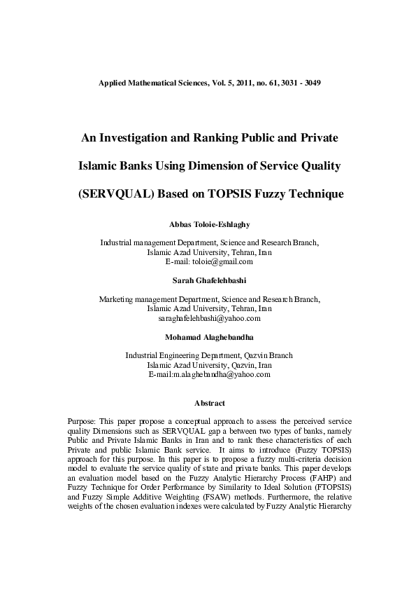(PDF) An Investigation and Ranking Public and Private Islamic Banks Using Dimension of Service ...