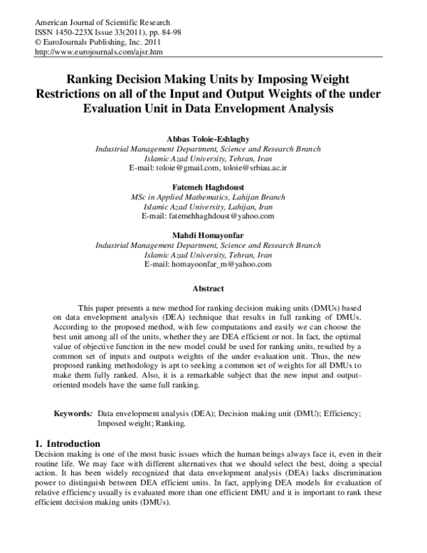 (PDF) Ranking Decision Making Units by Imposing Weight Restrictions on all of the Input and ...