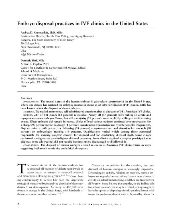 (PDF) Embryo disposal practices in IVF clinics in the United States