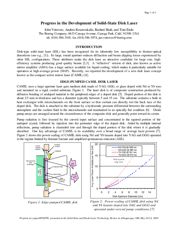 (PDF) Progress in the development of solid state disk laser