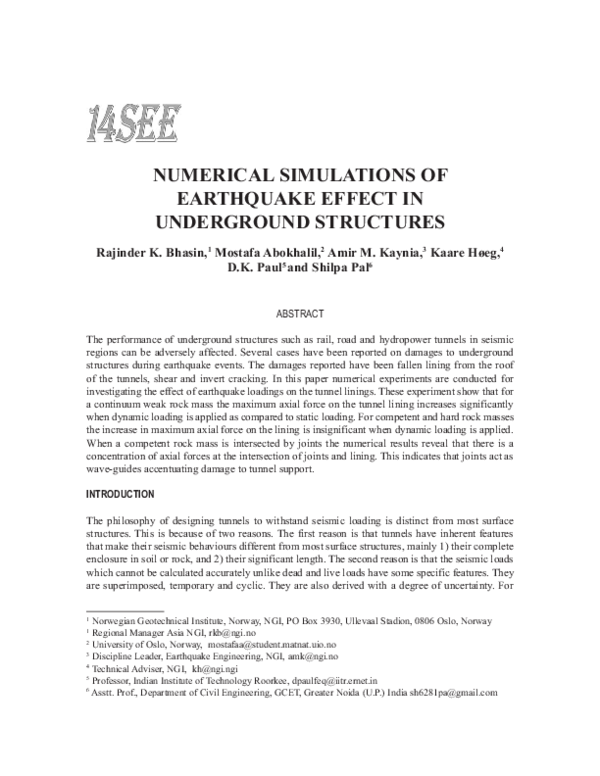 (PDF) Numerical Simulations of Earthquake Effect in Underground Structures
