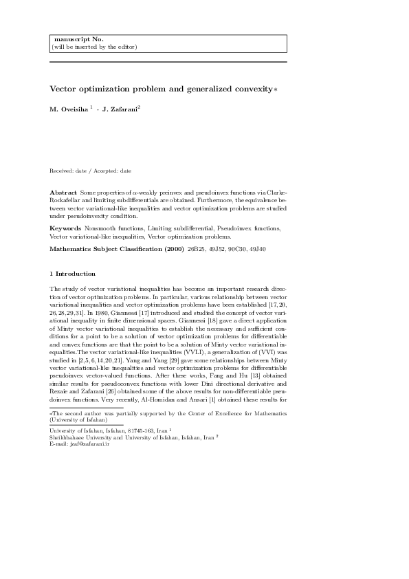 (PDF) Vector optimization problem and generalized convexity