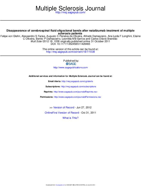 (PDF) Disappearance of cerebrospinal fluid oligoclonal bands after natalizumab treatment of ...