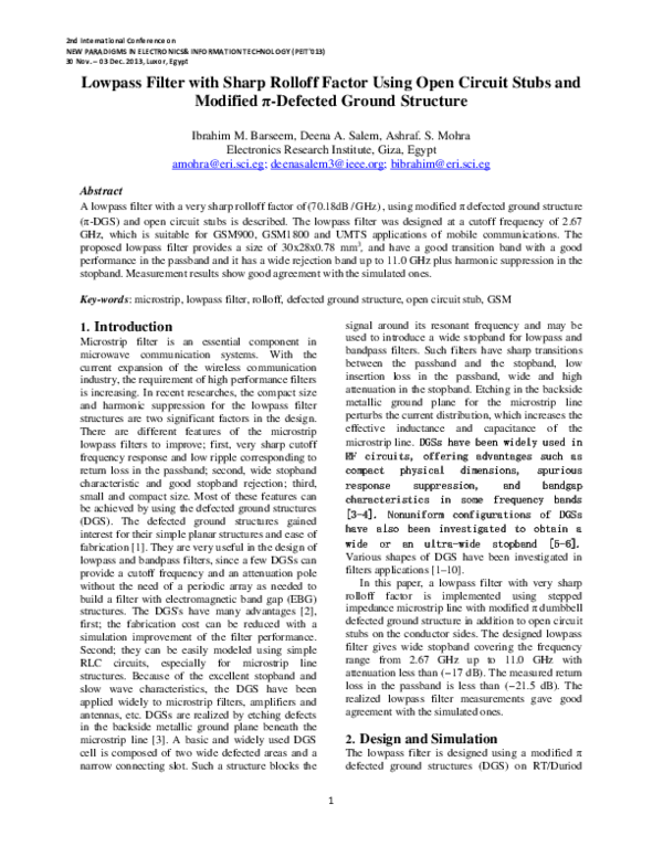 (PDF) Lowpass Filter with Sharp Rolloff Factor Using Open Circuit Stubs and Modified -Defected ...
