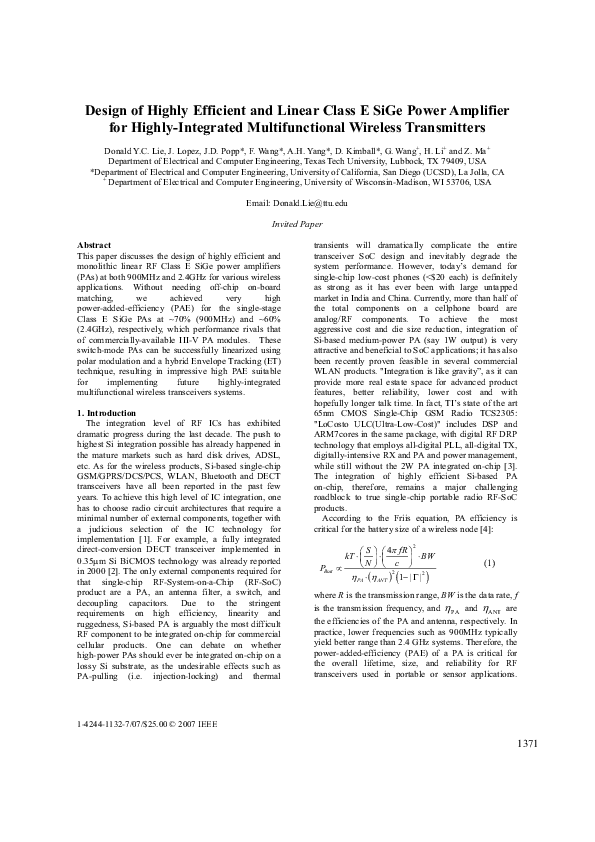 (PDF) Design of highly efficient and linear class E SiGe power amplifier for highly-integrated ...