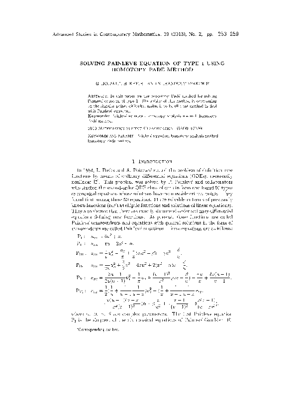 (PDF) Solving Painlve equation of type 1 using Homotopy Pade method