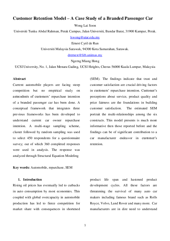 (PDF) Customer Retention Model – A Case Study of a Branded Passenger Car