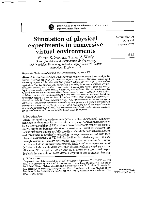 (PDF) Simulation of physical experiments in immersive virtual environments
