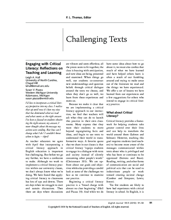(PDF) Challenging Texts: Engaging with Critical Literacy--Reflections ...
