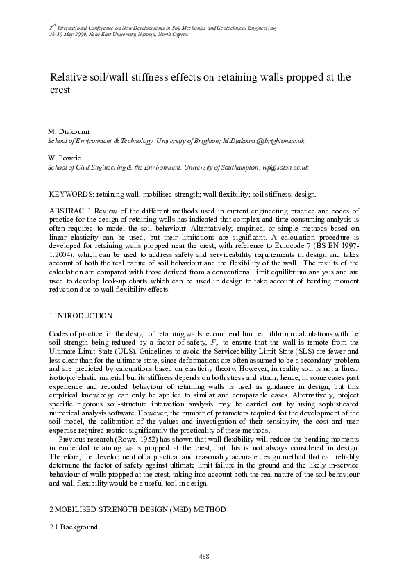(PDF) Relative soil/wall stiffness effects on retaining walls propped ...