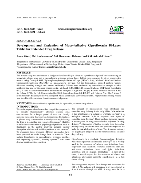 (PDF) Muco-Adhesive Ciprofloxacin Bi-Layer Tablet