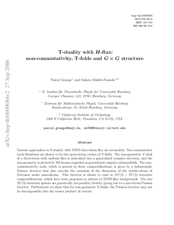 (PDF) T-duality with H-flux: Non-commutativity, T-folds and G × G structure