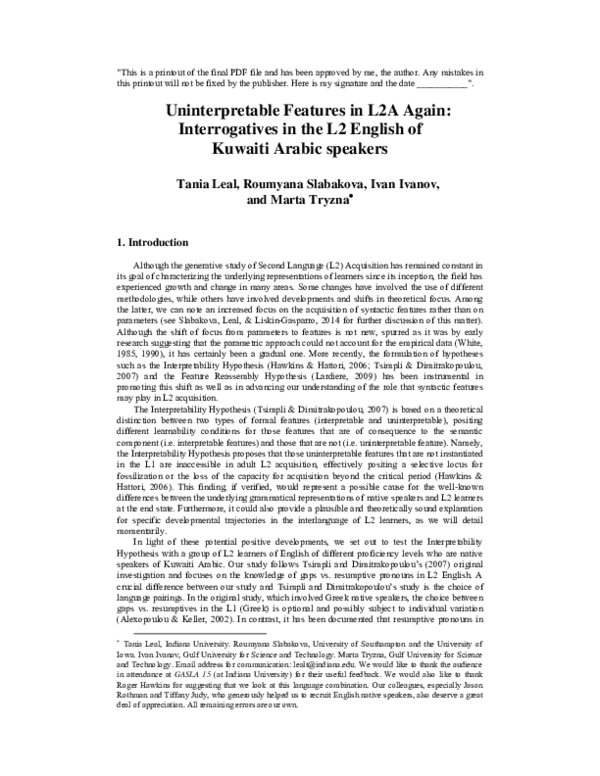 (PDF) Uninterpretable Features in L2A Again: Interrogatives in the L2 ...