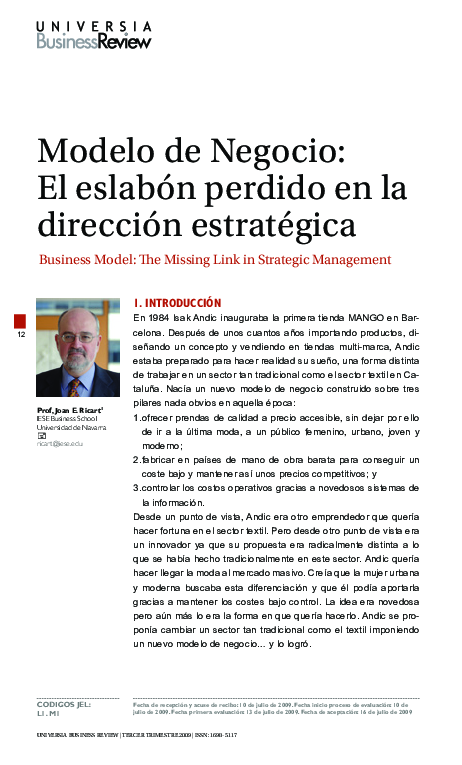 (PDF) Modelo de Negocio: El eslabón perdido en la dirección estratégica