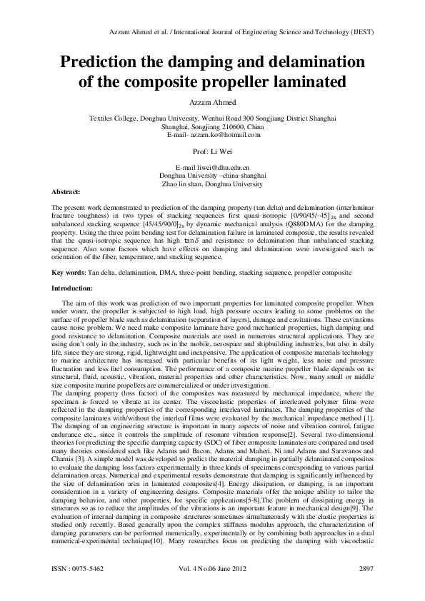 (PDF) Prediction the damping and delamination of the composite propeller laminated