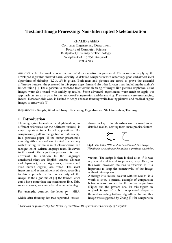 (PDF) Text and image processing: Non-interrupted skeletonization
