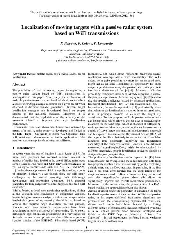 (PDF) Localization of moving targets with a passive radar system based on WiFi transmissions