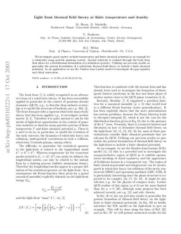 (PDF) Light front thermal field theory at finite temperature and density
