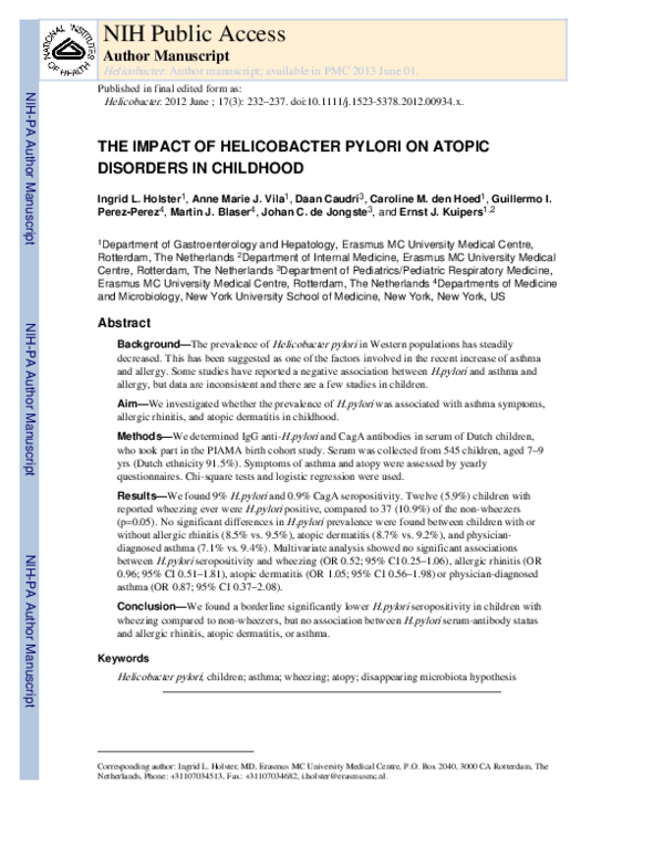 (PDF) The Impact of Helicobacter pylori on Atopic Disorders in Childhood