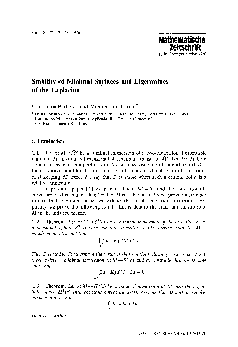 (PDF) Stability of Minimal Surfaces and Eigenvalues of the Laplacian