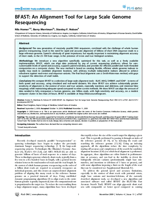 (PDF) BFAST: An Alignment Tool for Large Scale Genome Resequencing
