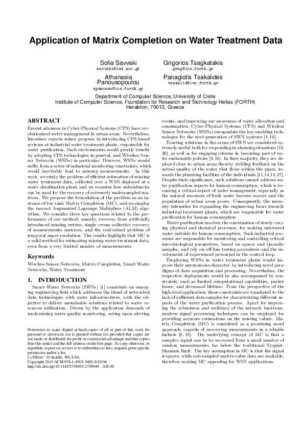 (PDF) Application of Matrix Completion on Water Treatment Data ...