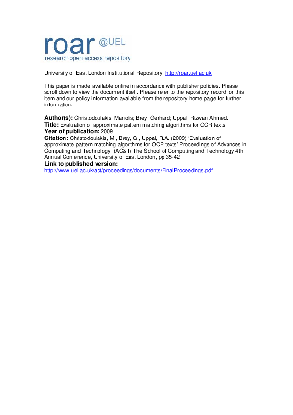 Pdf Evaluation Of Approximate Pattern Matching Algorithms For Ocr Texts
