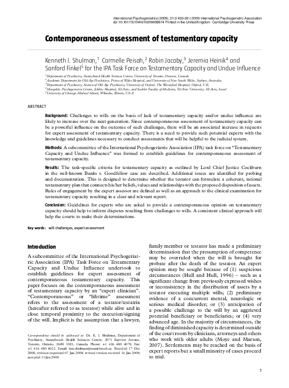 (PDF) Contemporaneous assessment of testamentary capacity
