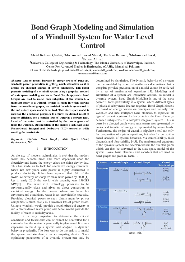(PDF) Bond Graph Modeling and Simulation of a Windmill System for Water Level Control