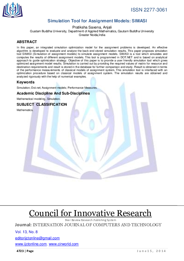 (PDF) Simulation Tool for Assignment Models: SIMASI