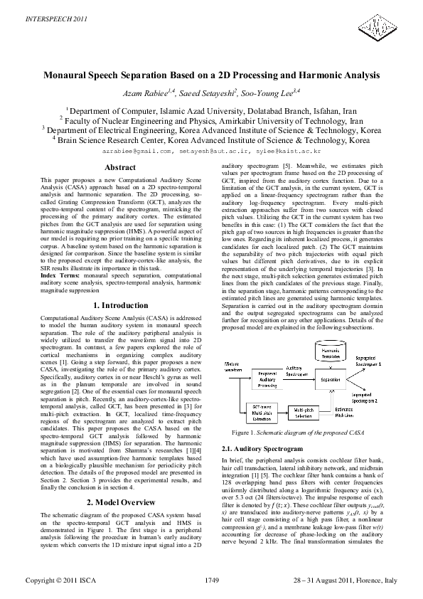 (PDF) Monaural Speech Separation Based on a 2D Processing and Harmonic Analysis