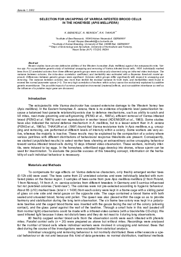 (PDF) Selection for Uncapping of Varroa Infested Brood Cells in the ...