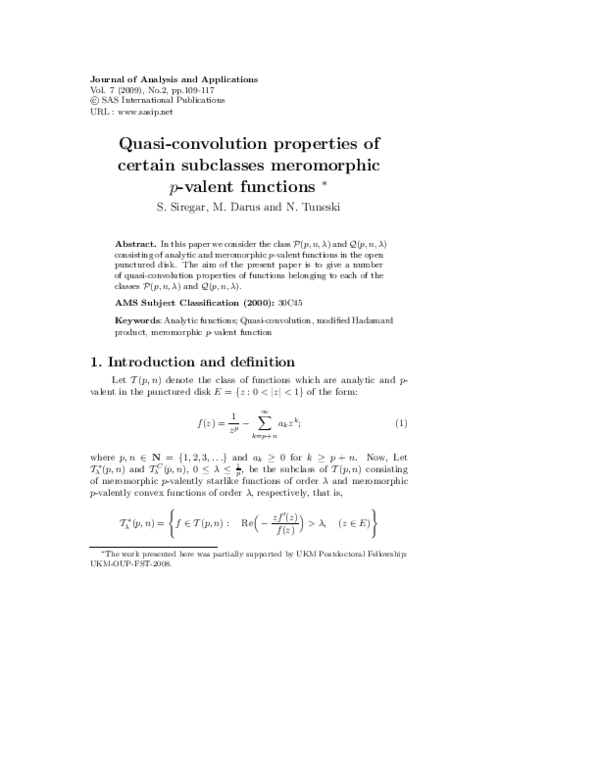 (PDF) Quasi-convolution properties of certain subclasses meromorphic p-valent functions